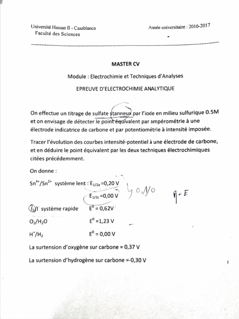 Examens Corrigés Eléctrochimie Analytique | PDF