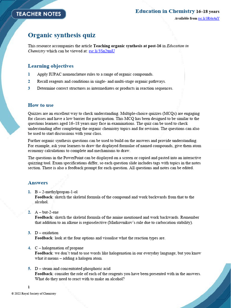 Organic Synthesis Quiz: Learning Objectives | PDF | Chemical Reactions | Multiple Choice