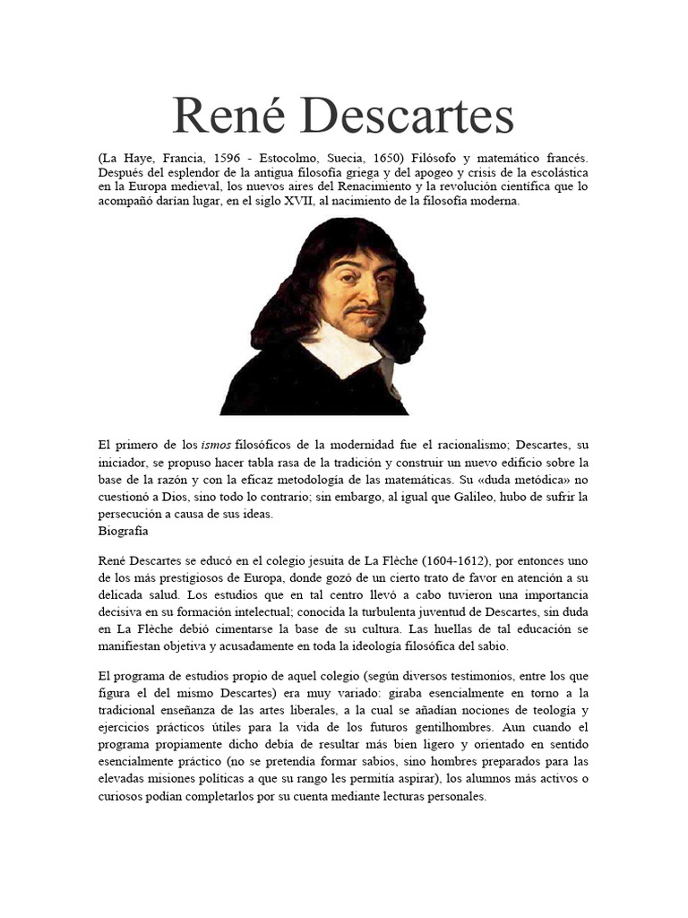 Biografía y filosofía de René Descartes | PDF | René Descartes ...