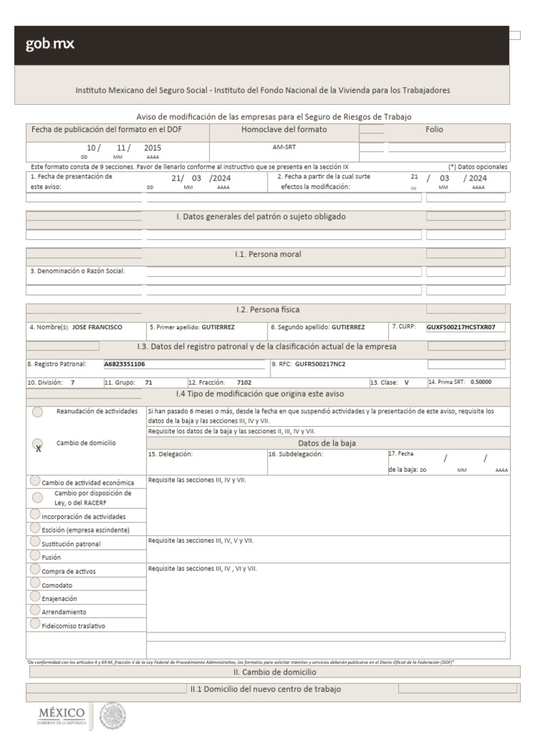 Formato AM-SRT "Aviso de Modificación de Las Empresas para El Seguro de Riesgos de Trabajo ...