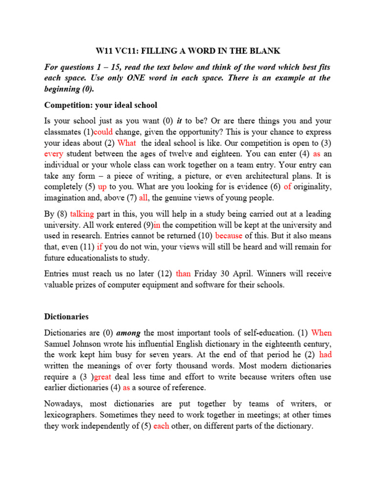 Word Fill Exercise for School Competition | PDF | Lexicography | Dictionary
