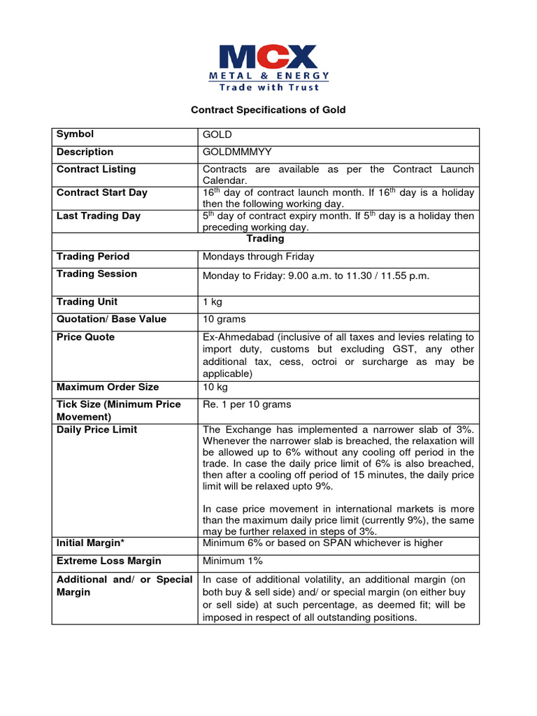 MCX Gold Contract Specifications | PDF | Taxes | Futures Contract