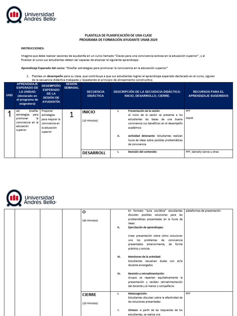 Plantilla Actividad Planificación de La Ayudantía Sala 5 Con Nombres ...
