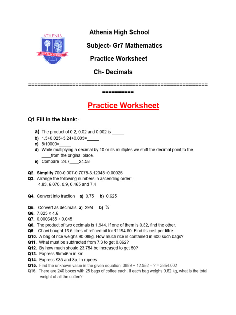 Gr7 Ch-3 Decimals (Worksheet) | PDF