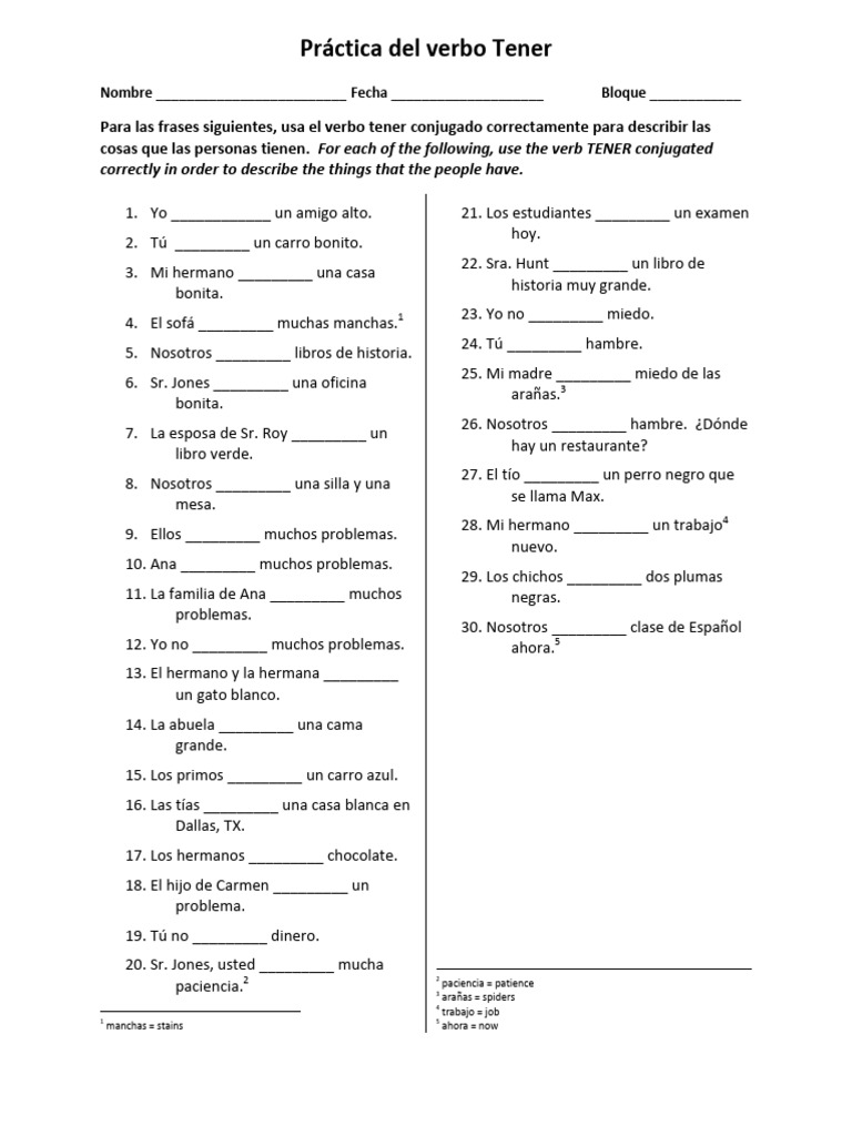 Main Practica Del Verbo Tener Spanish Worksheet | PDF | Artes del ...