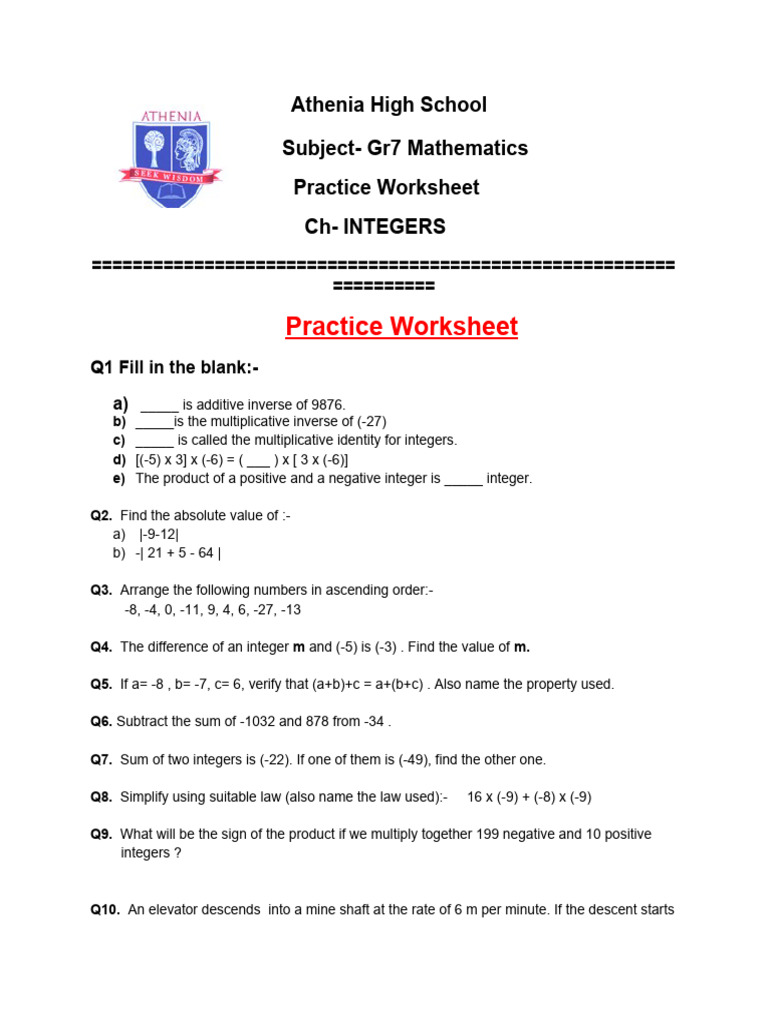 Gr7 Ch-1 Integers (Worksheet) | PDF | Integer | Mathematics