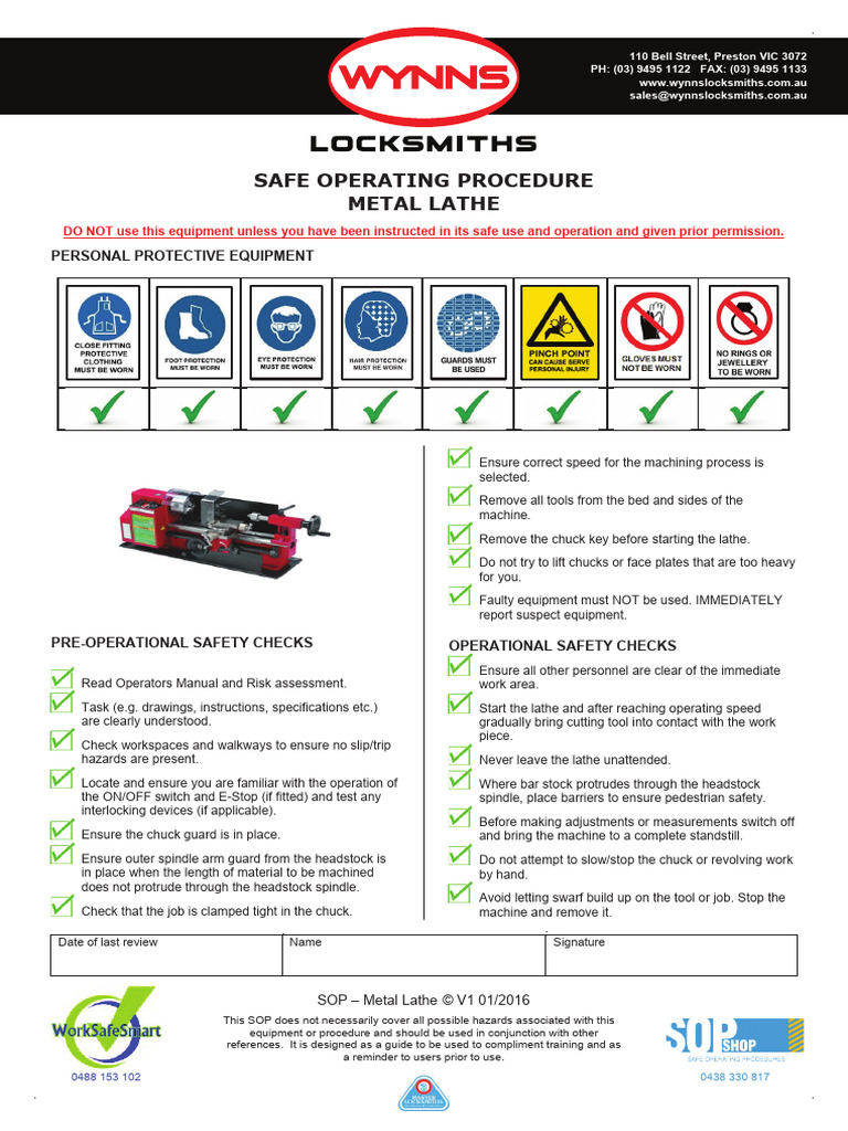 Wynns SOP Metal Lathe | PDF | Machining | Safety