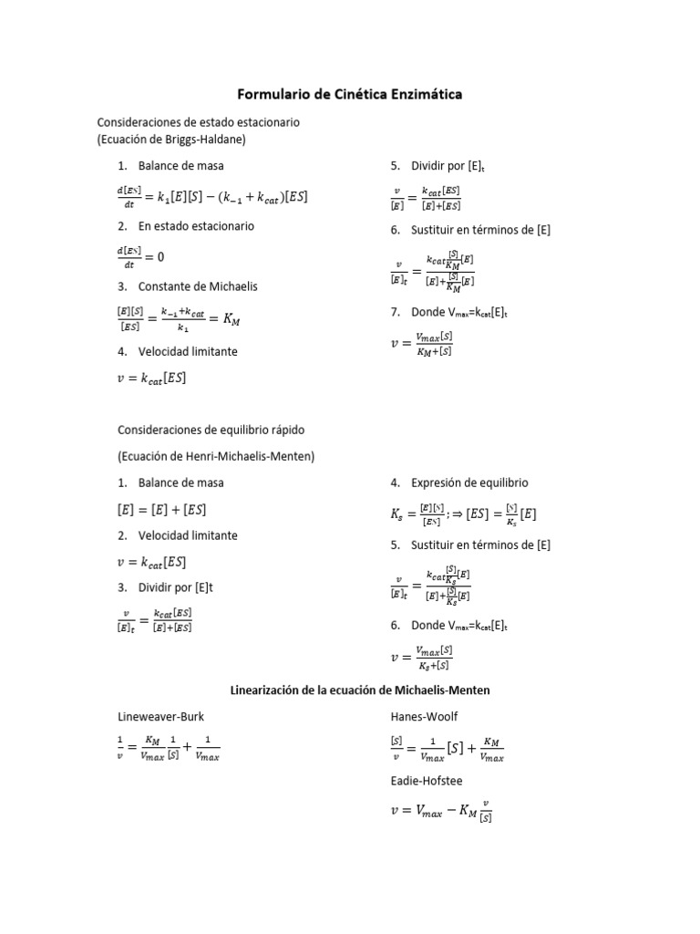 Formulario de Cinética Enzimática | PDF