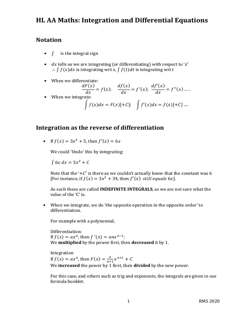 HL AA Integration and Diff Equations RMS | PDF | Integral | Function (Mathematics)