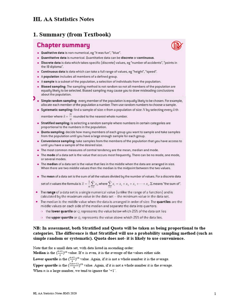 HL AA Statistics Notes RMS | PDF | Variance | Quartile