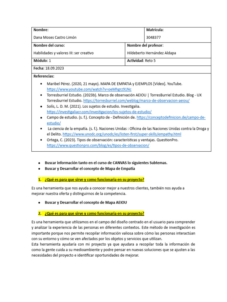 Mapas de Empatía y AEIOU en Proyectos | PDF | Observación | Empatía