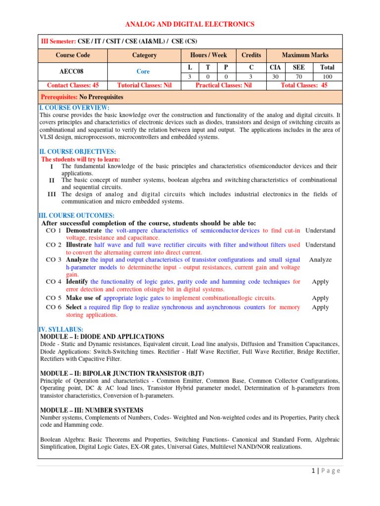 Analog & Digital Electronics Course | PDF | Electronic Circuits | Digital Electronics