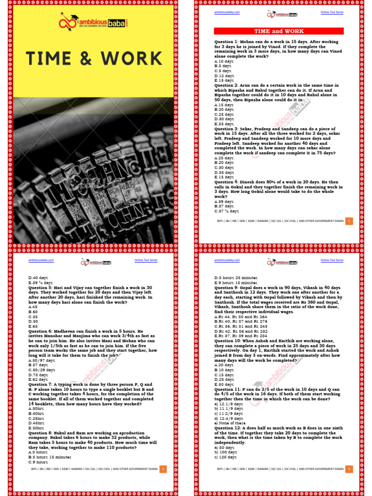 Time and Work Questions and Answers by Ambitiousbaba | PDF