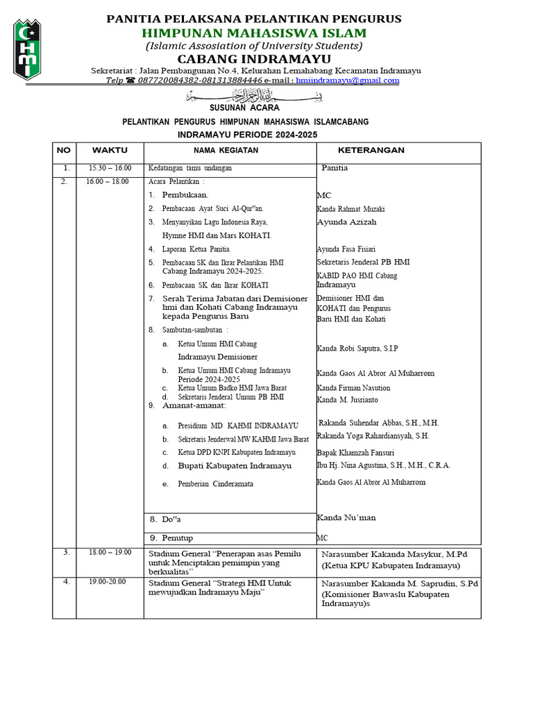 Rundown Pelantikan Hmi Cabang Indramayu Periode 2024-2025 | PDF