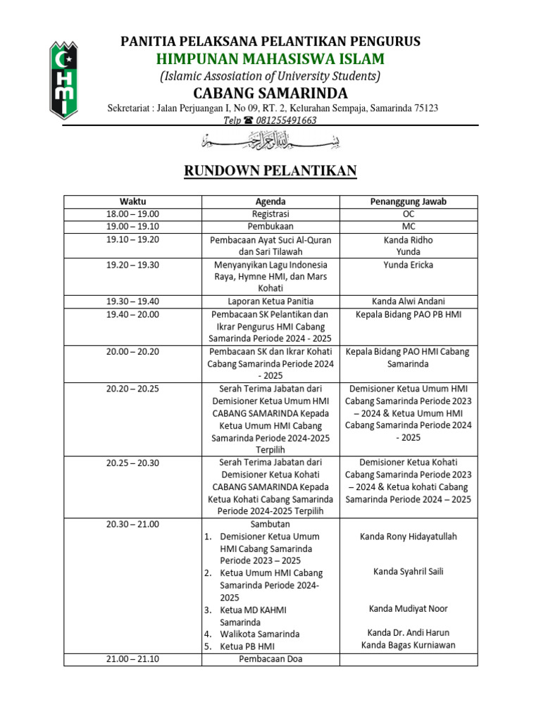 Rundown Pelantikan Pengurus Hmi Cabang Samarinda 2024-2025 16 Mei 2024 | PDF