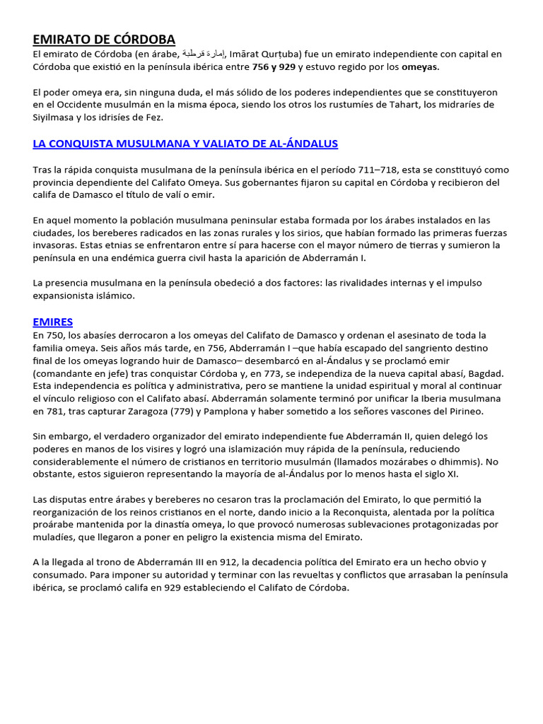 Historia del Emirato de Córdoba | PDF | Oriente Medio | Edades medias