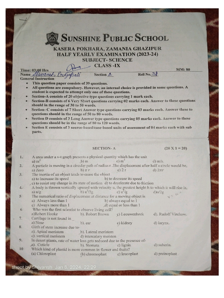 Science Half Yearly Ques - Paper Class 9th 2023-24 | PDF
