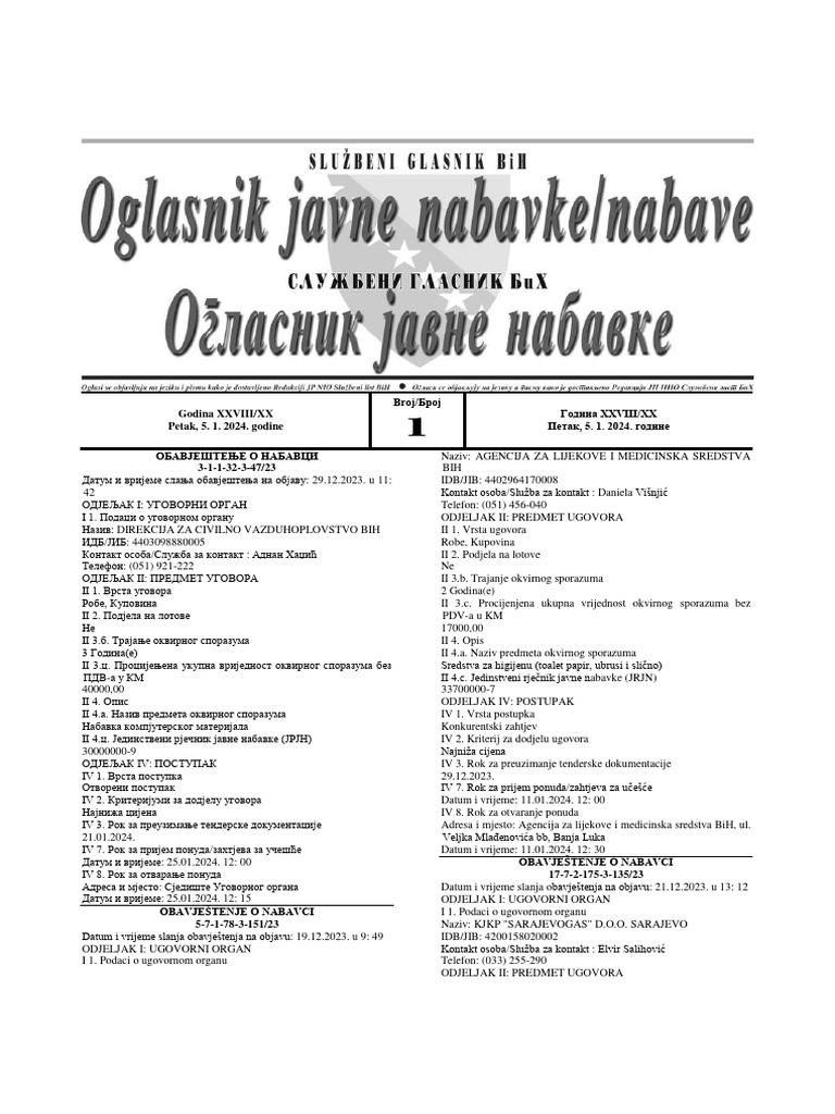 Službeni Glasnik BiH (Godina 28, Broj 1 5.1.2024) | PDF