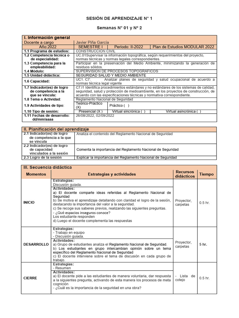 1.1) SESION DE APRENDIZAJE SEMANAS 1 y 2 SEG. SALUD Y M.A. | PDF | Evaluación | Modificación de ...
