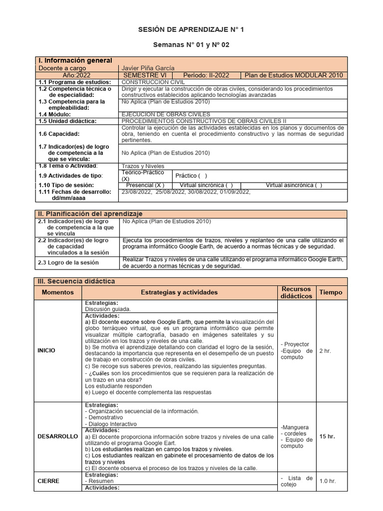 3.1) SESION DE APRENDIZAJE SEMANAS 1 y 2 PROC - CONST.OBRAS C. | PDF | Plan de estudios | Evaluación