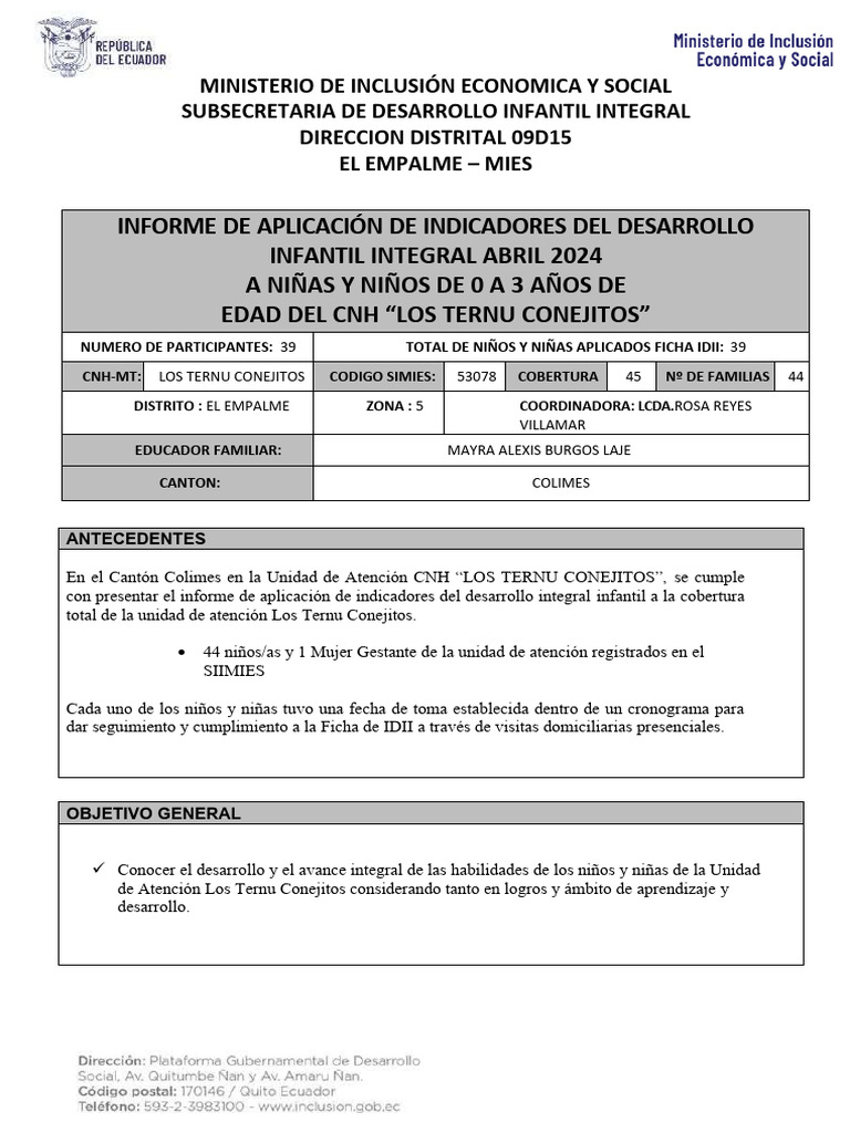 Informe de Idii Abril 2024 - Los Ternu Conejitos Mayra | Descargar ...