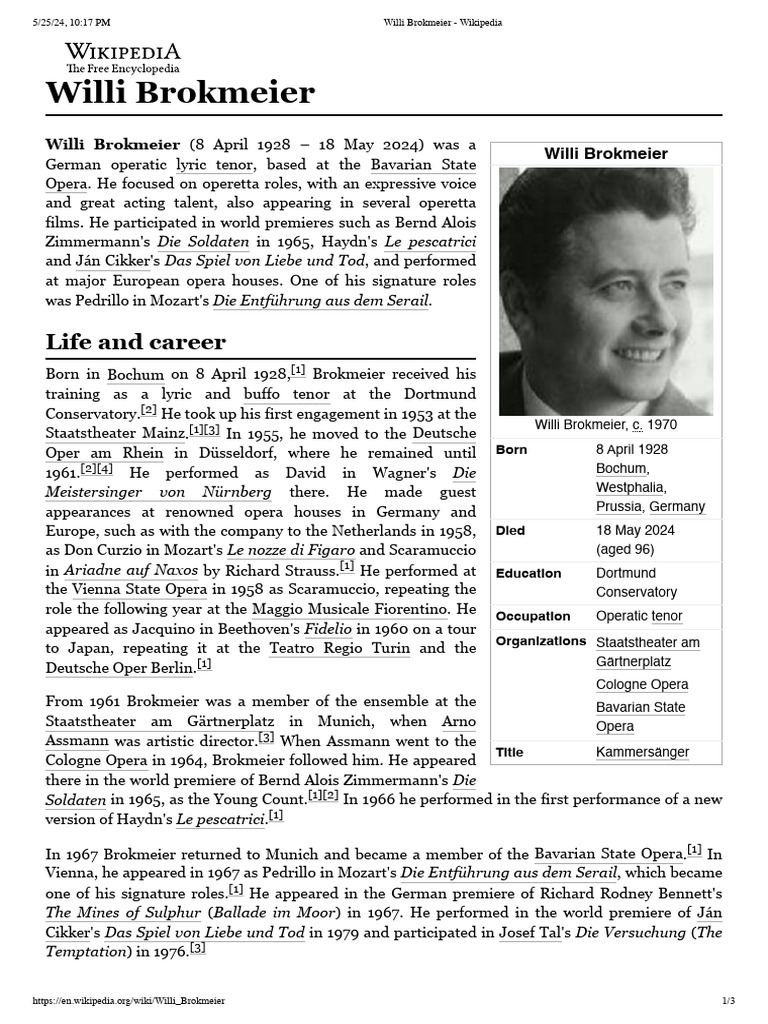Willi Brokmeier: German Opera Tenor | PDF | Opera | Compositions