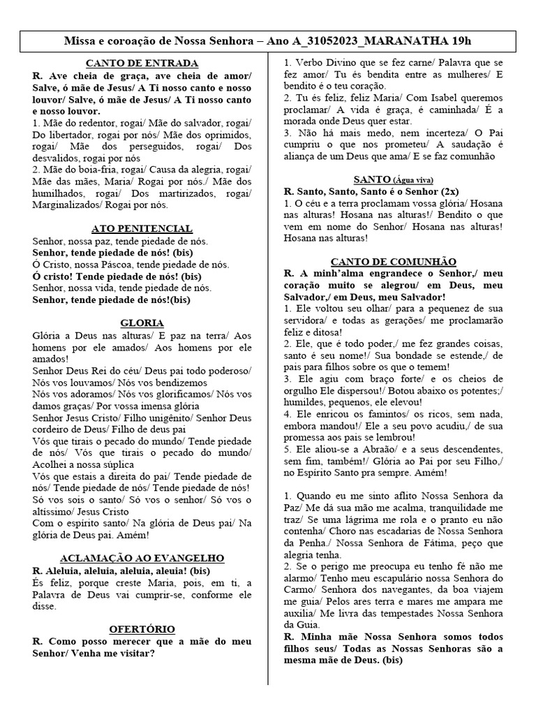 Missa E Coroação De Nossa Senhora Ano A 31052023 Maranatha 19h Pdf