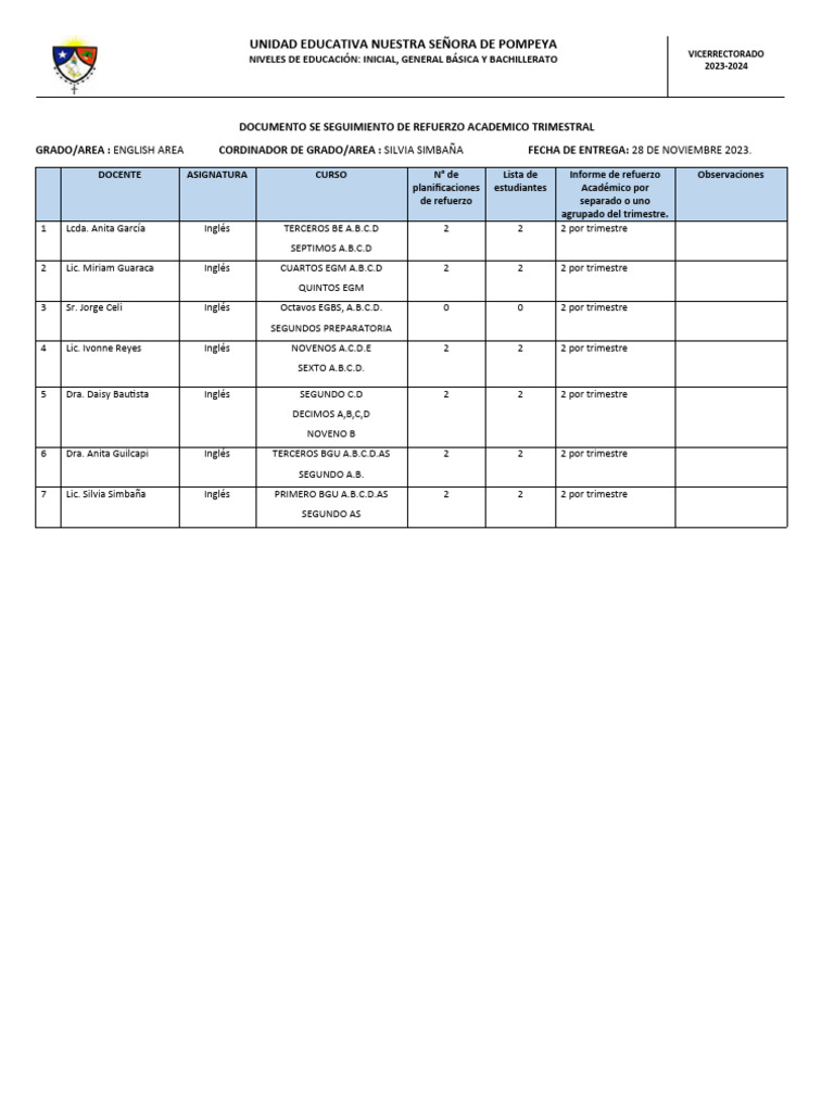 Formato Control de Refuerzo Academico | PDF