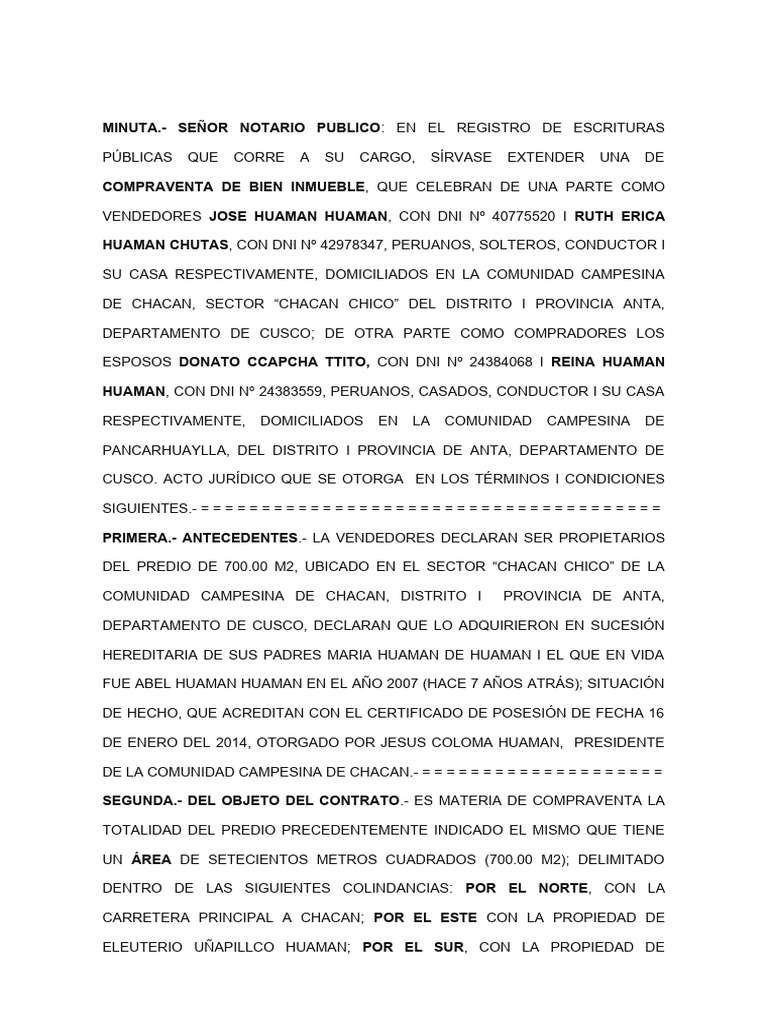 17-01-14. - Minuta Cv. Jose Huaman vs. Donato Ccapcha y Reina Huaman | PDF 17-01-14. - Minuta Cv. Jose Huaman vs. Donato Ccapcha y Reina Huaman | PDF