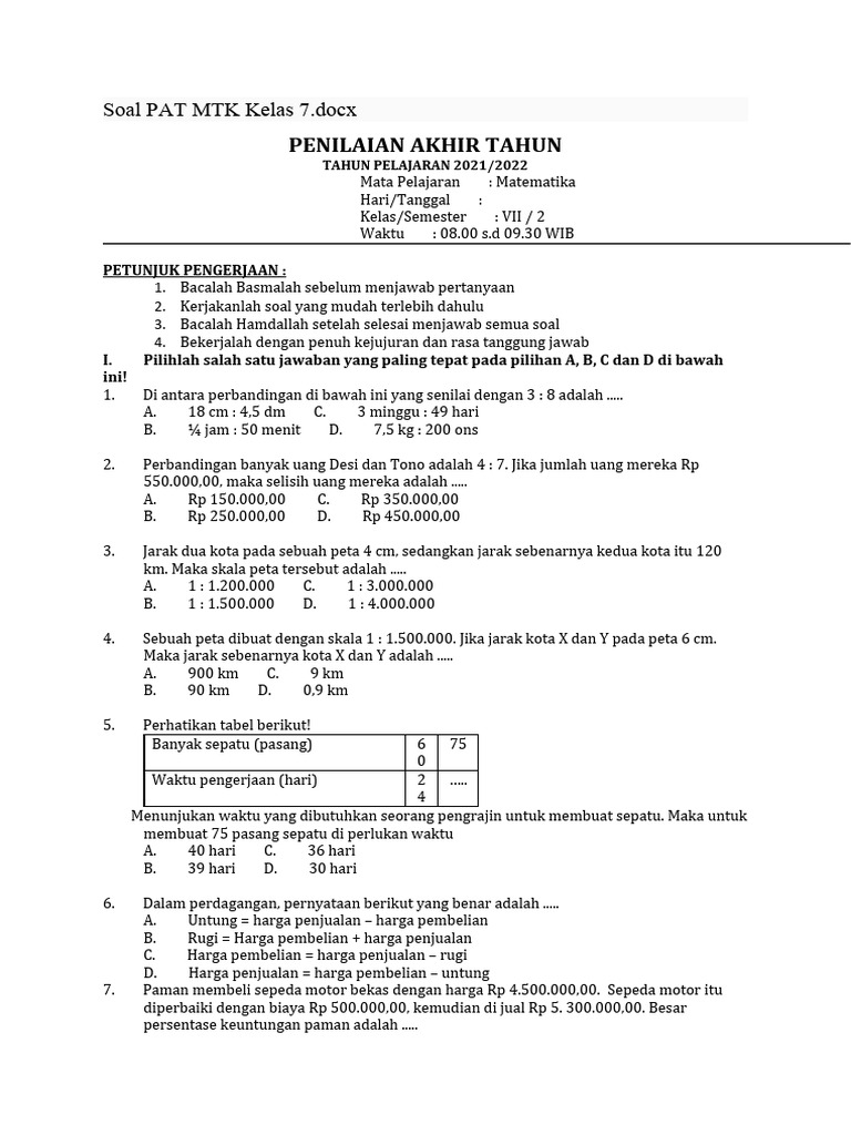Contoh Soal MM-2 Kelas VII | PDF