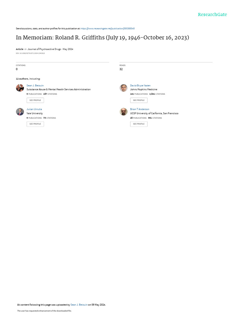 In Memoriam Roland R. Griffiths (July 19, 1946-October 16, 2023) | PDF ...