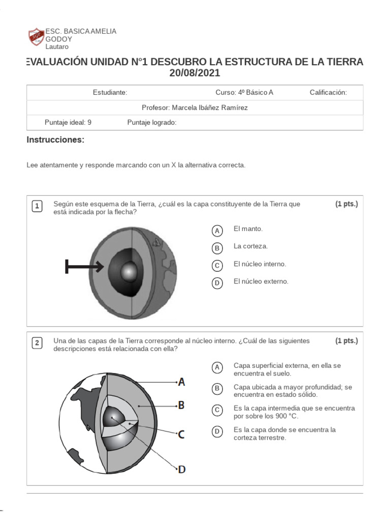 Evaluación Descubro La Estructura de La Tierra 4° Básico | Descargar ...