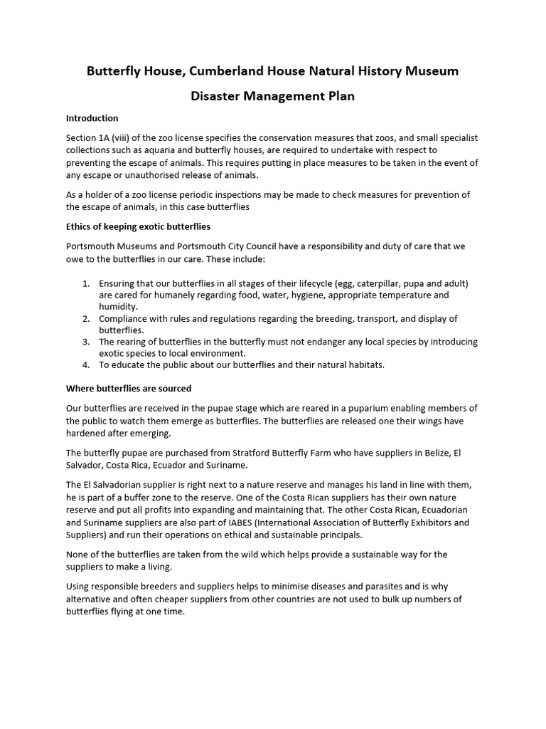 Butterfly House Disaster Management Plan | PDF | Butterfly | Pest ...
