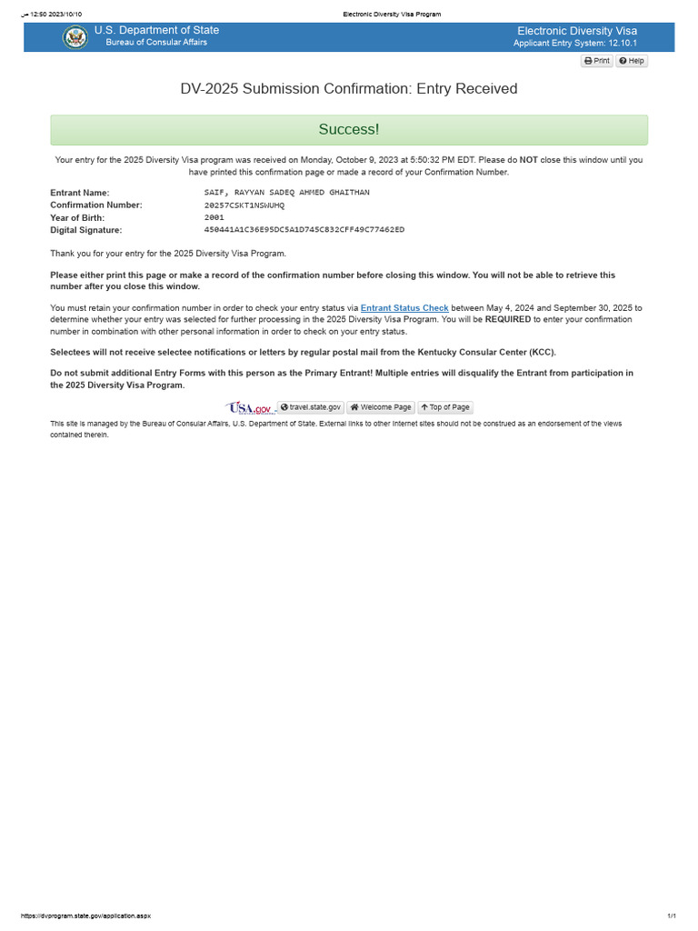 DV-2025 Submission Confirmation: Entry Received: Success! | PDF