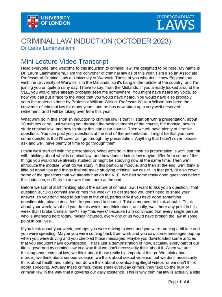 Criminal Induction2023 Transcript | PDF | Mens Rea | Criminal Law