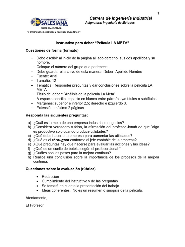 Deber # 1 Instructivo Deber Primer Parcial La Meta | PDF | Crecimiento personal y profesional | Arte