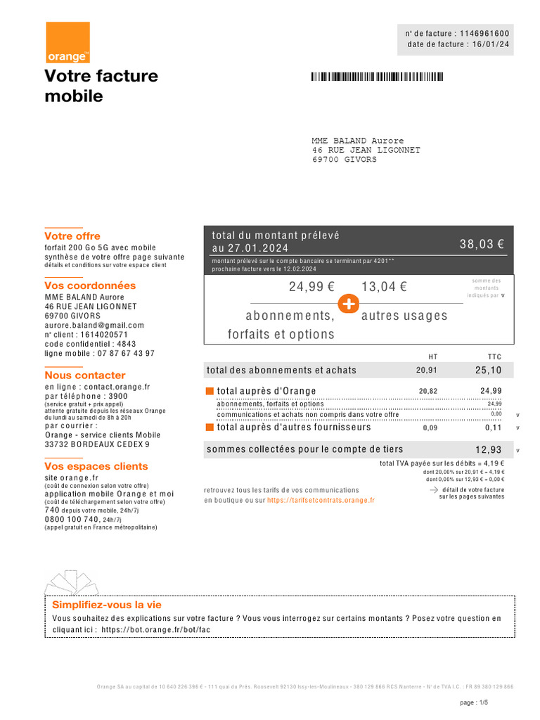 Facture Mobile Orange - Janvier 2024 | PDF