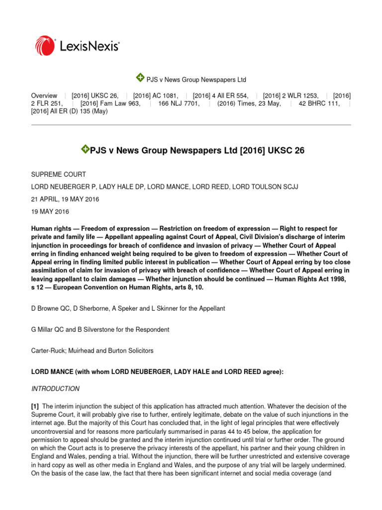 PJS V News Group Newspapers LTD (2016) UKSC 26 | PDF | Appeal ...