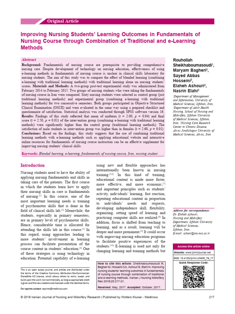 Improving Nursing Students' Learning Outcomes in Fundamentals of Nursing Course Through ...