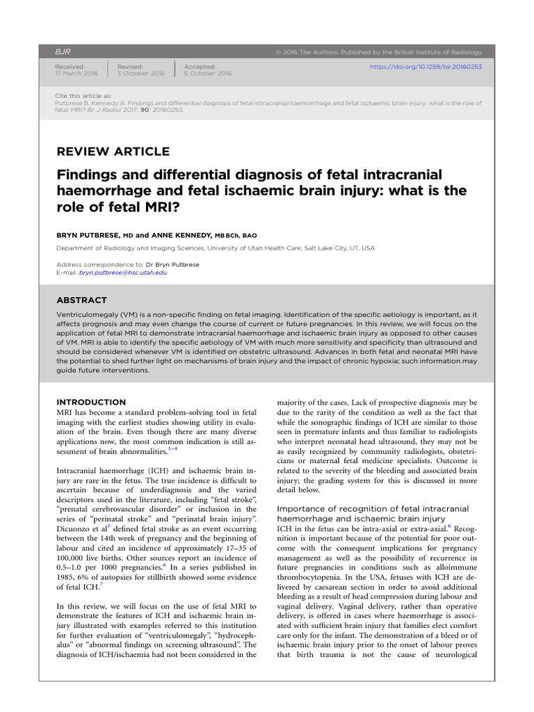 Fetal Intracranial Hemorrhage and Ischemic Brain Injury. PUTBRESE. 2016 ...