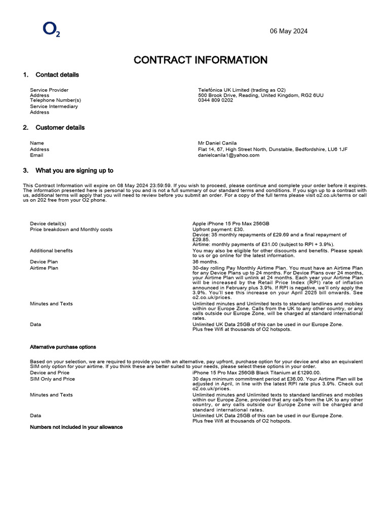 O2 Contract Details for iPhone 15 Pro Max | PDF | Credit Card | Service ...