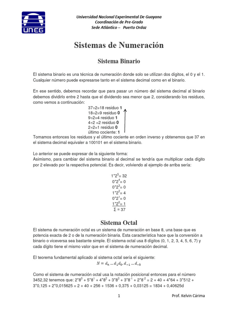 Sistemas de Numeración: Binario, Octal y Hexadecimal | PDF ...