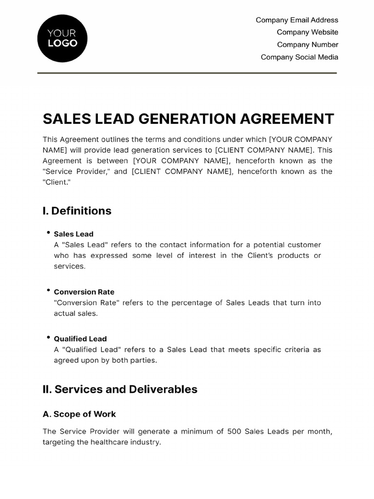 Sales Lead Generation Agreement Template - Edit Online & Download ...