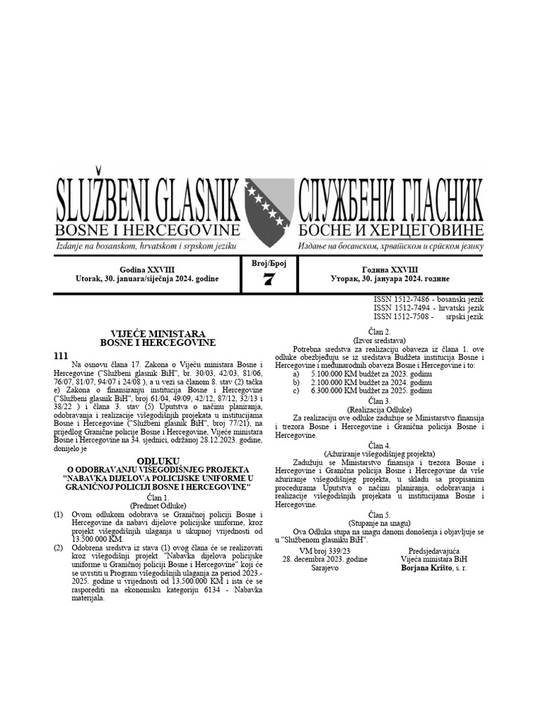 Službeni Glasnik BiH (Godina 28, Broj 7 30.1.2024) | PDF