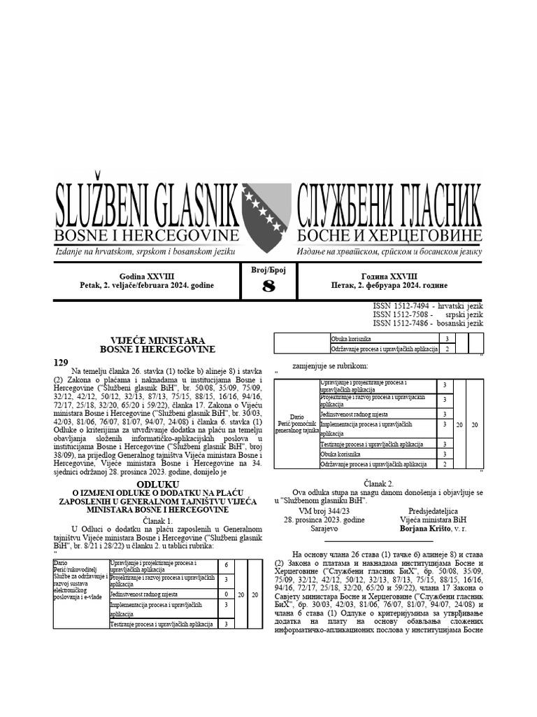 Službeni Glasnik BiH (Godina 28, Broj 8 2.2.2024) | PDF