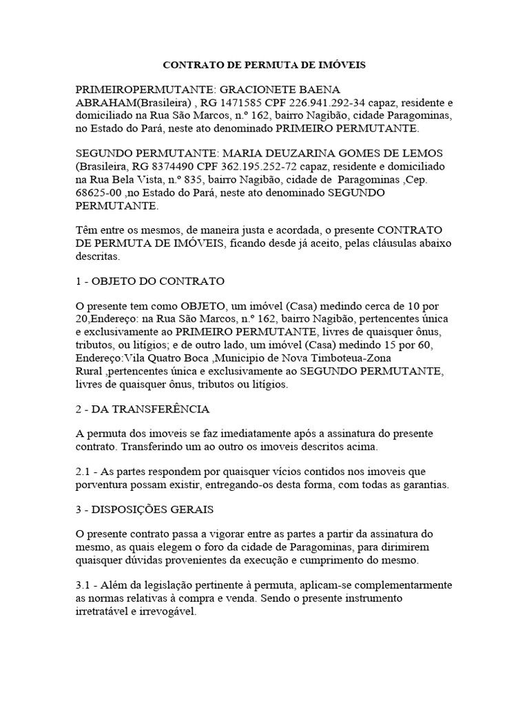 Contrato De Permuta De Imóveis Download Grátis Pdf Justiça Crime