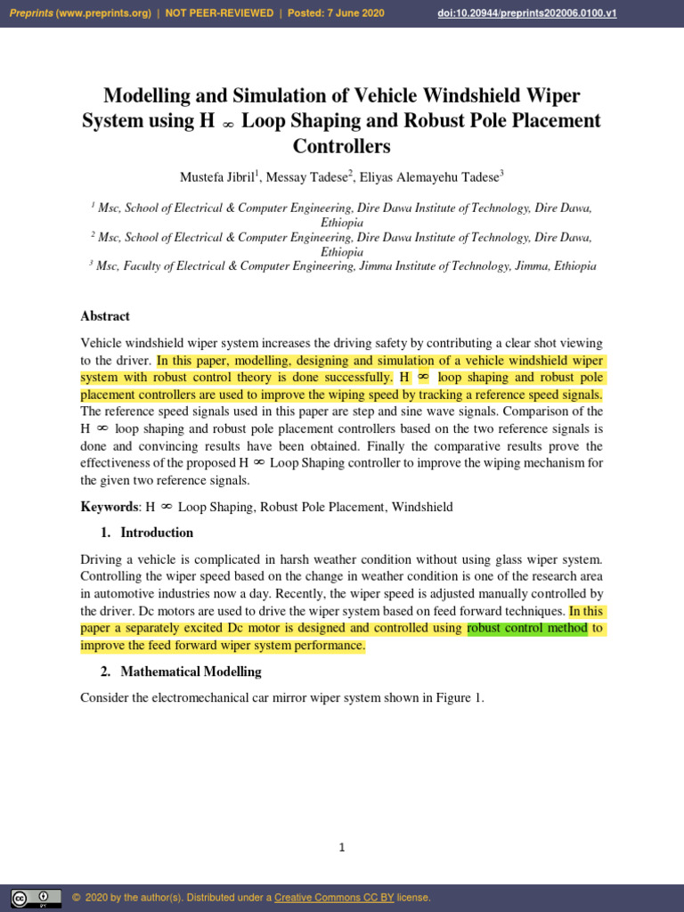 Modelling and Simulation of Vehicle Windshield Wiper System Using H Loop Shaping and Robust Pole ...