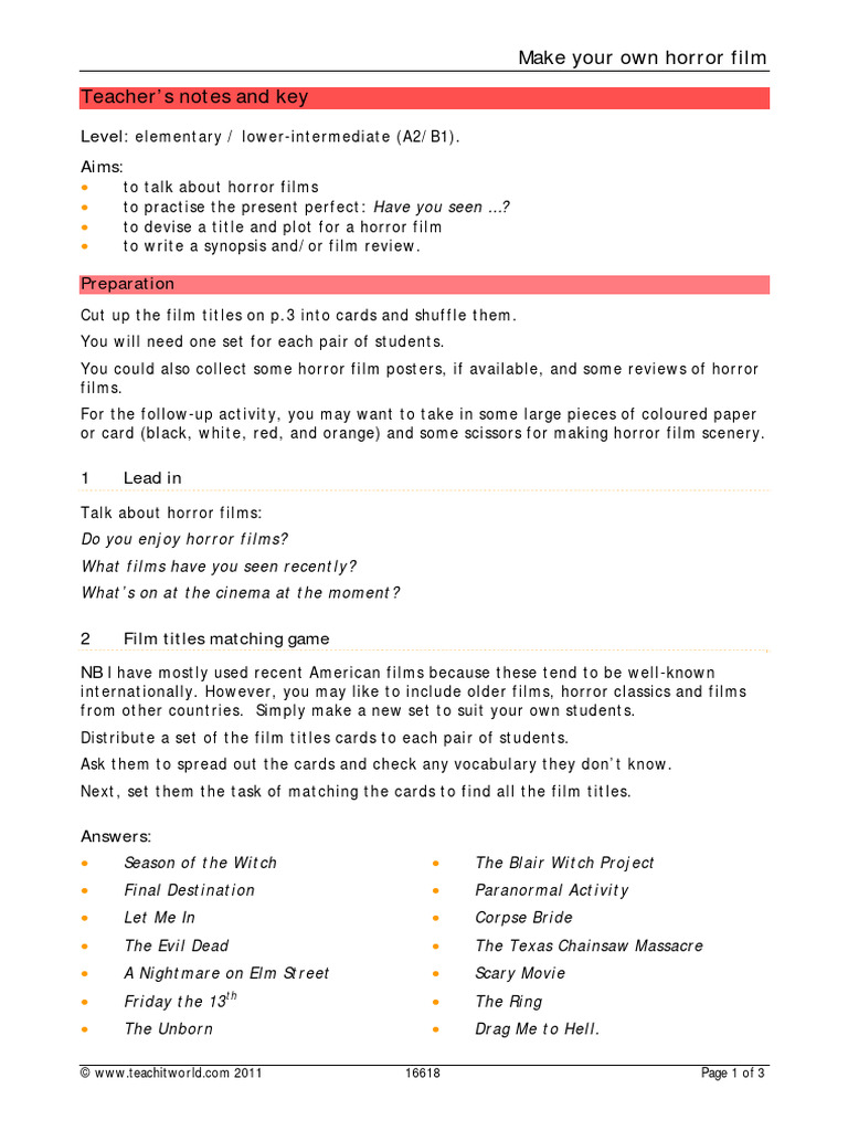 Make Your Own Horror Film Teacher's Notes and Key: Level: Elementary ...