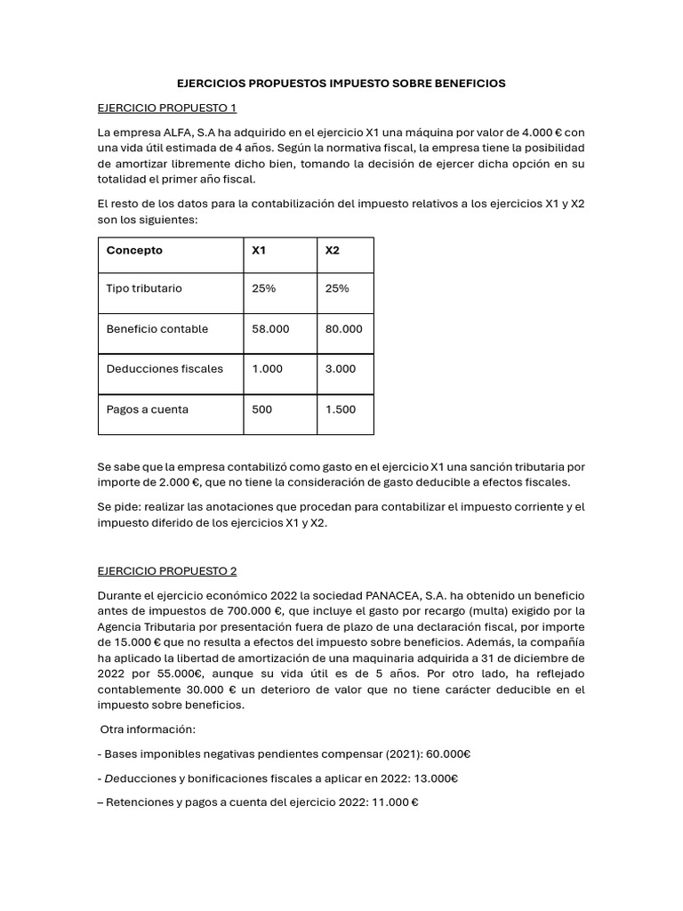 Ejercicios Propuestos Impuesto Sobre Beneficios | PDF | Contabilidad | Impuestos