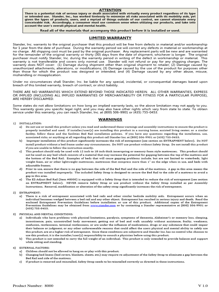 8000 Stander EZ Adjust Bed Rail Safety Warnings and Assembly Instructions V 1.0 | PDF ...